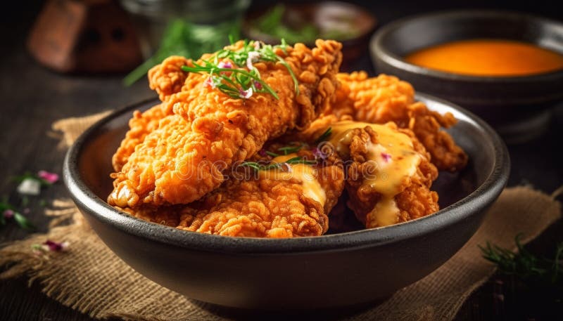 Deep Fried Chicken Leg with Savory Sauce on Rustic Table Generated by ...