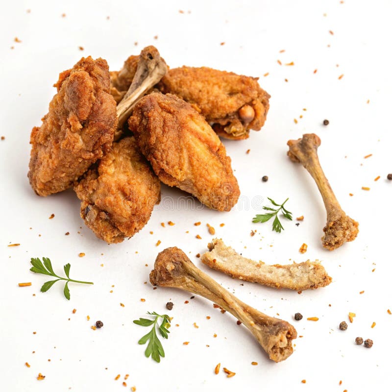 Deep-fried Chicken Wings and Bones Isolated on White Background Stock ...