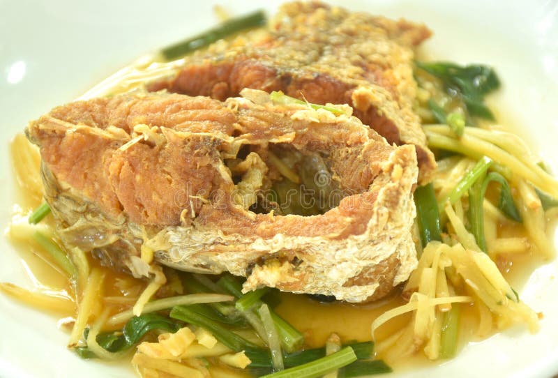 Deep Fried Chop Red Bass Fish Slice Dressing Soy Sauce and Celery on ...
