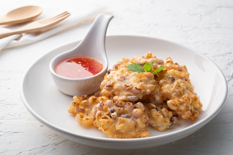 Deep Fried Corn Cake Sweet Corn Fritters on White Plate with Chili ...