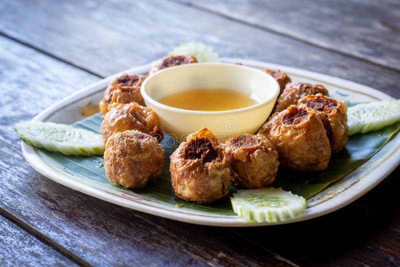 Deep Fried Crab Meat Rolls on Wood Table .close Up Food. for ...