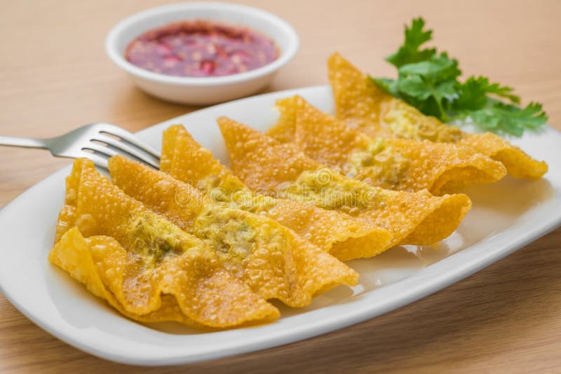 Deep Fried Dumplings on Plate and Dipping Sauce Stock Image - Image of ...