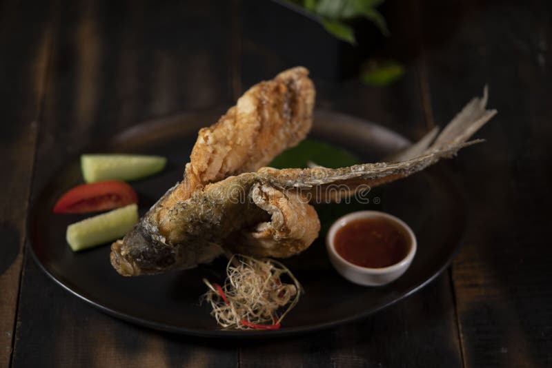 Deep Fried Fish with Basil Chilli Sauce Stock Photo - Image of ikan ...