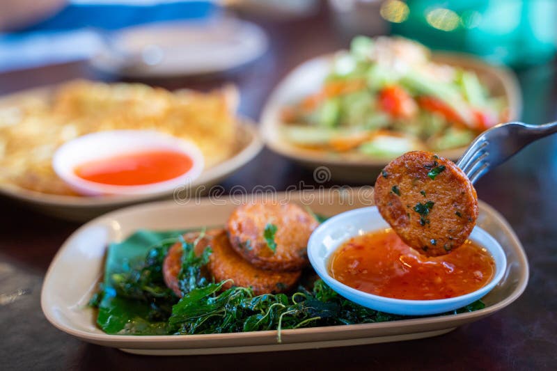 Deep Fried Fish Cake Serve with Spicy Sauce Stock Photo - Image of ...