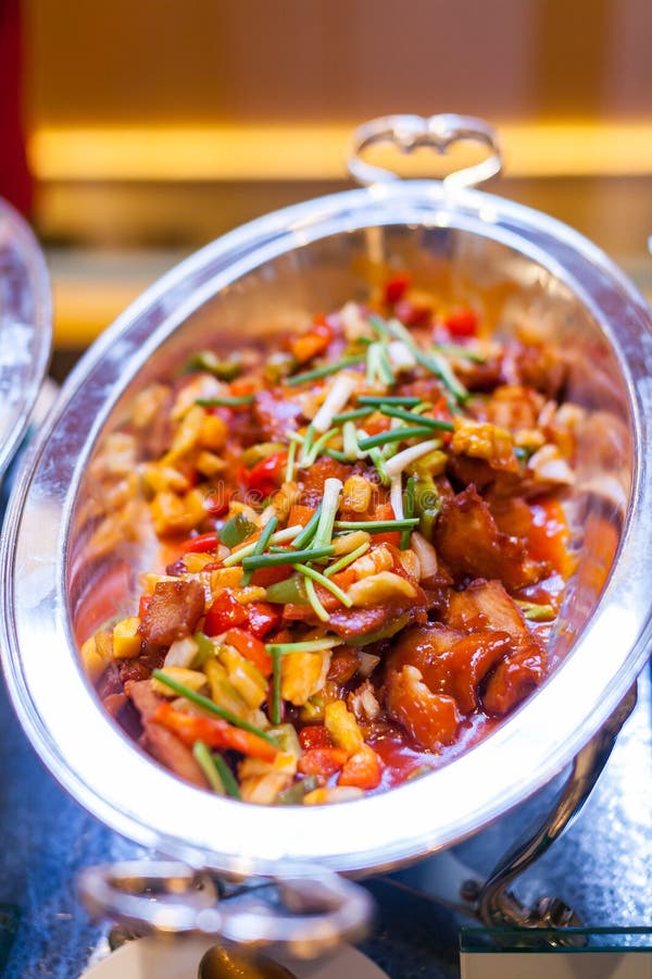 Deep Fried Fish with Cashew Nuts, Sweet and Sour Source on Buffet Tray ...