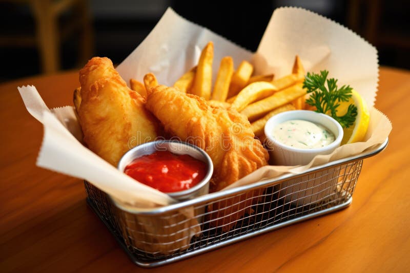 Deep-fried Fish and Chips in a Basket Stock Illustration - Illustration ...