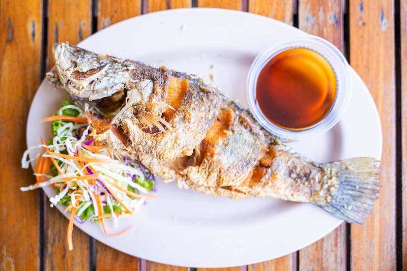 Deep Fried Fish Serve with Fish Sauce Stock Photo - Image of cook, deep ...