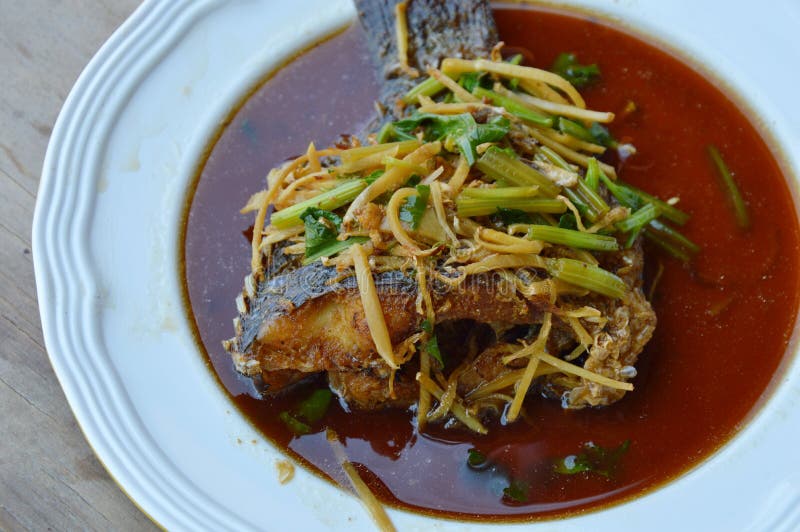 Deep Fried Mango Fish Dressing Soy Sauce and Slice Ginger Stock Photo ...