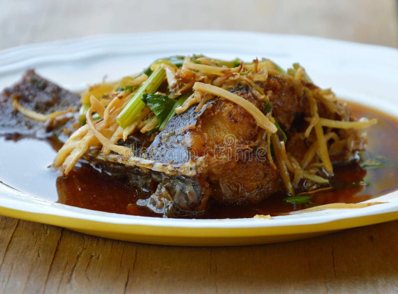 Deep Fried Mango Fish Dressing Soy Sauce and Slice Ginger Stock Image ...