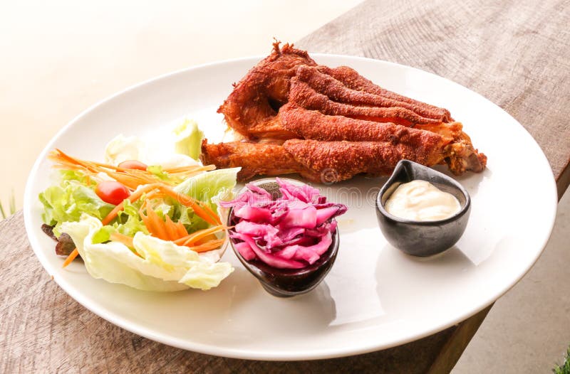 Deep Fried Pork Knuckle on Wooden Table Stock Image - Image of pork ...