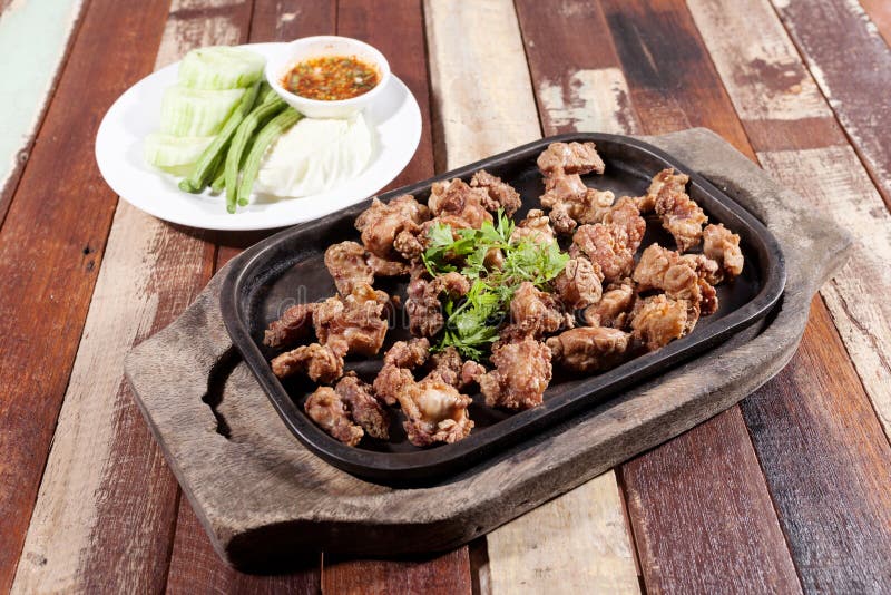 Deep Fried Pork with Leech Lime Leaf and Chili Sauce Stock Image ...
