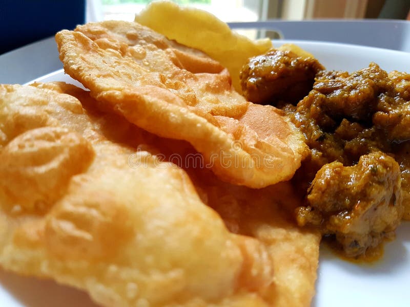 Deep Fried Puri Luchi Served with Mutton Stock Image - Image of meat ...