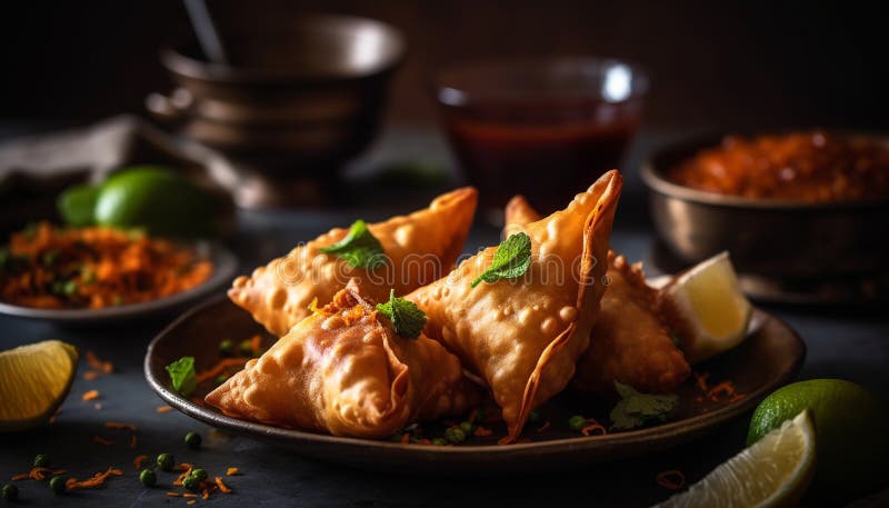 Deep Fried Samosas with Beef and Cilantro Dip on Rustic Plate Generated ...