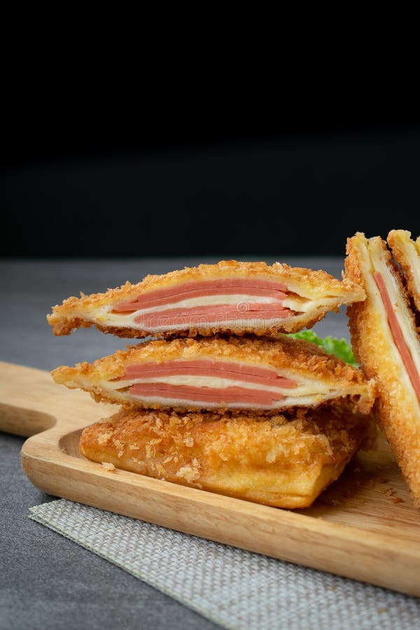 Deep Fried Sandwich Stuffed Ham Cheese in Wooden Dish on Table Stock ...