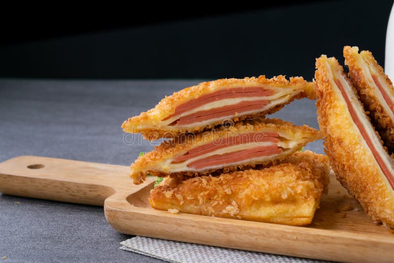 Deep Fried Sandwich Stuffed Ham Cheese in Wooden Dish on Table Stock ...