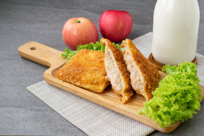 Deep Fried Sandwich Stuffed Tuna in Wooden Dish on Table Stock Photo ...