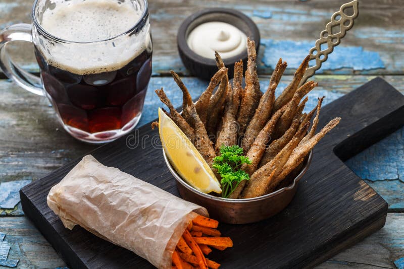 Deep-Fried Smelt Fish with Beer, Copy Space. Stock Photo - Image of ...