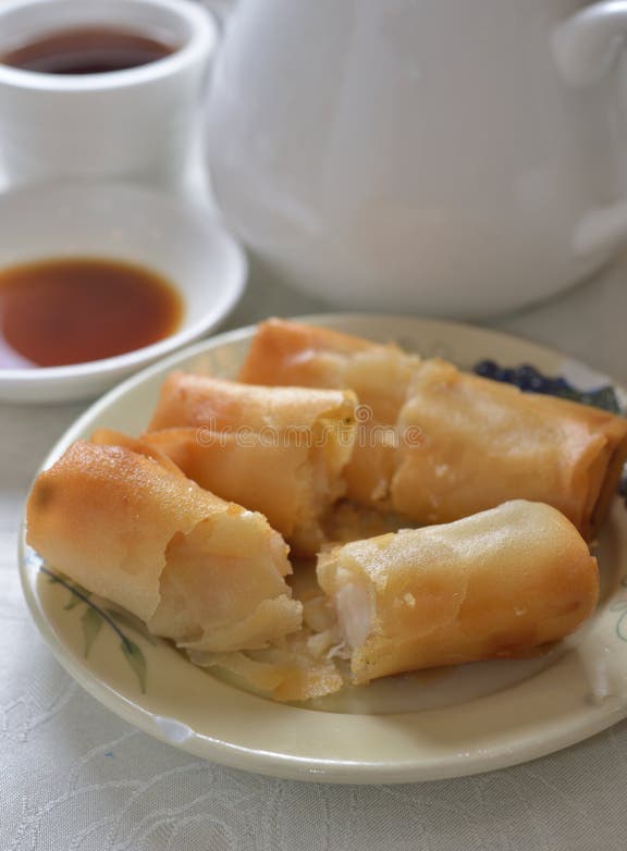 Deep Fried Spring Roll Dim Sum Stock Photo - Image of platter, teapot ...