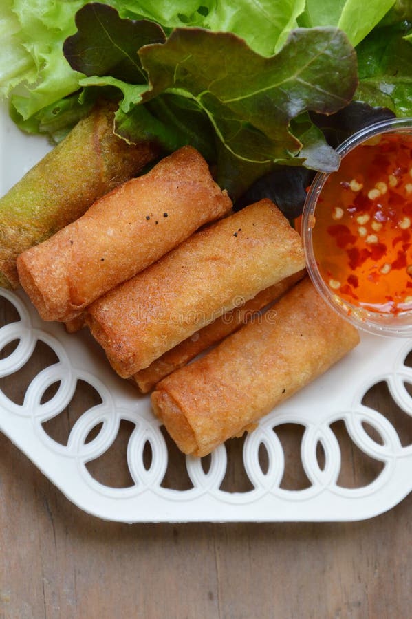 Deep Fried Spring Roll and Sweet Chili Sauce on Dish Stock Image ...