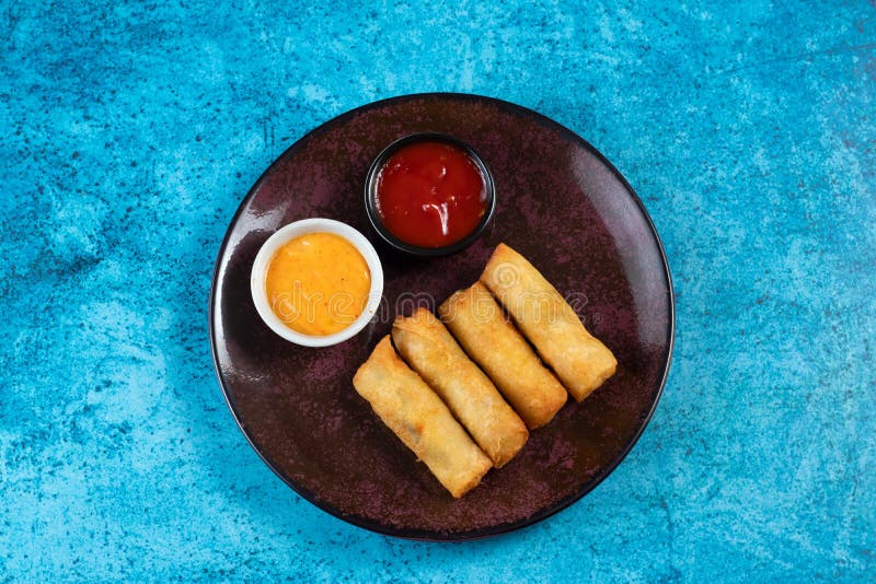 Deep Fried Spring Roll with Tomato Sauce and Mayo Dip Served in Dish ...