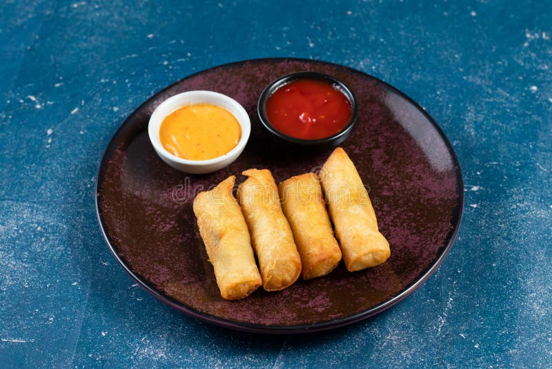 Deep Fried Spring Roll with Tomato Sauce and Mayo Dip Served in Dish ...