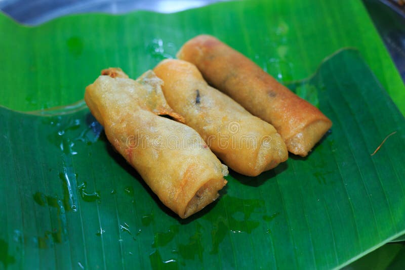 Deep Fried Spring Rolls on Banana Leaf. Stock Image - Image of ...