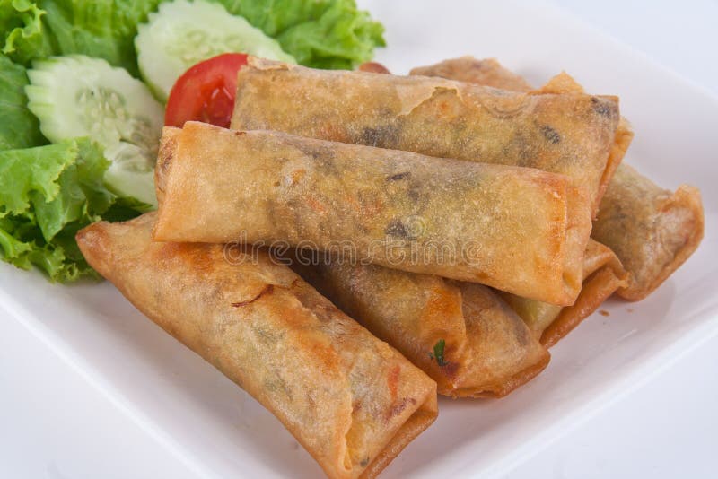 Deep Fried Spring Rolls on White Dish Stock Photo - Image of food ...