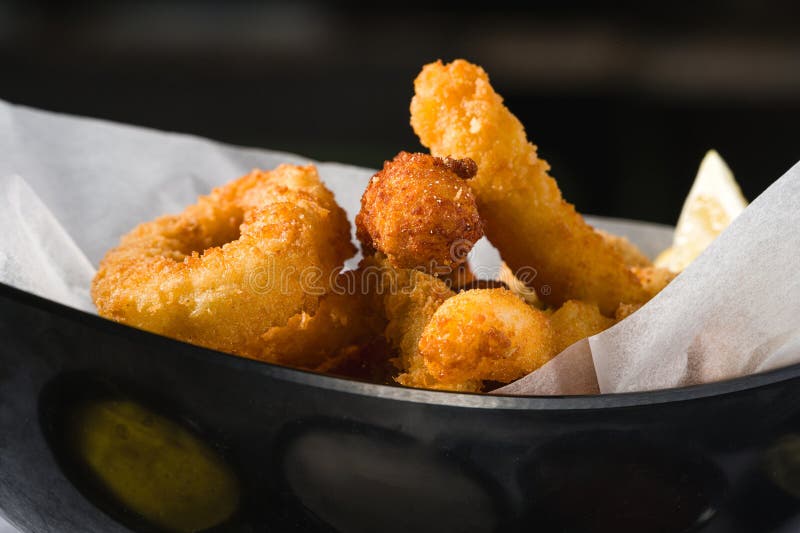 Deep Fried Squid, Shrimp and Mussels with Sauces on the Side Stock ...