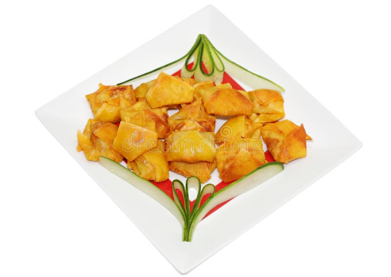 Fried Wonton Flower Shape in White Dish. Stock Image - Image of crispy ...