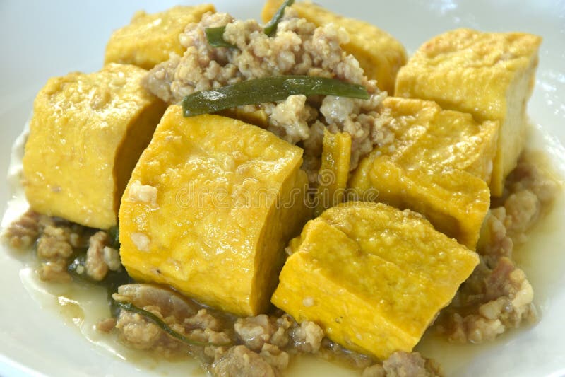 Deep Fried Yellow Tofu with Mashed Pork with Celery on Plate Stock ...