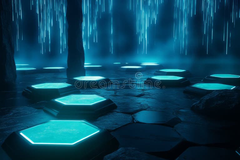 A Deep, Futuristic Abyss Where Hexagonal Stepping Stones Float Over an ...