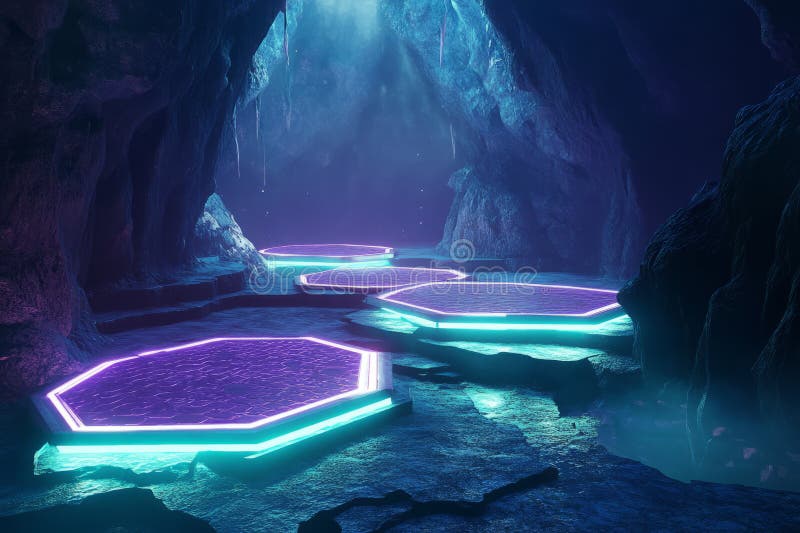 A Deep, Futuristic Abyss Where Hexagonal Stepping Stones Float Over an ...
