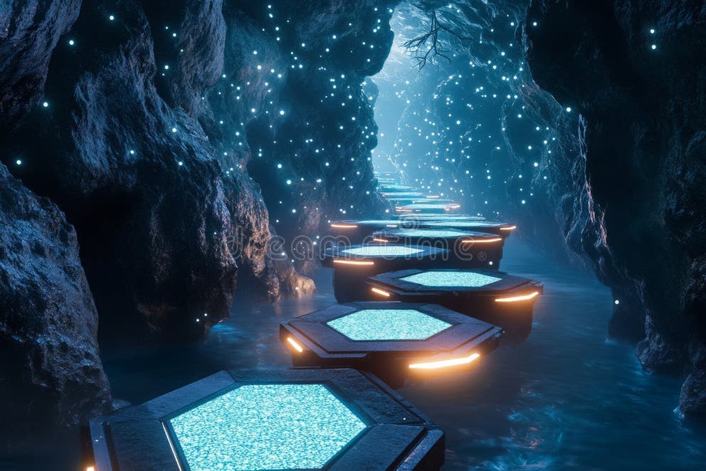 A Deep, Futuristic Abyss Where Hexagonal Stepping Stones Float Over an ...