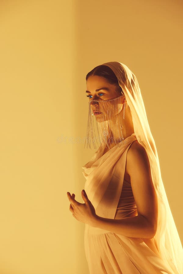 Deep Gaze Beautiful Woman With Blue Eyes Face Covered With