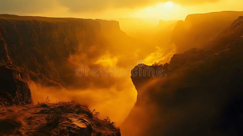 A Deep Gorge Covered in Golden Mist at Dawn Stock Illustration ...