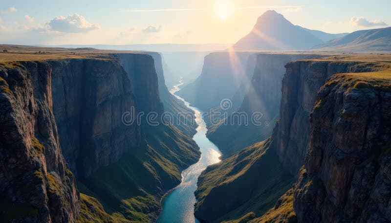 Deep Gorge, Distant Peak, Sunlight Illuminates Chasm, Erosion, Light ...