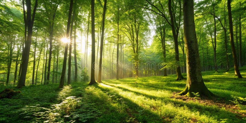 Deep Green Forest with Sunshine Stock Illustration - Illustration of ...