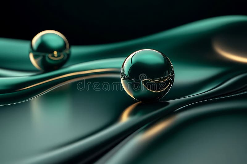 Deep Green Spheres, Floating on a Smooth Black Surface with Soft Golden ...