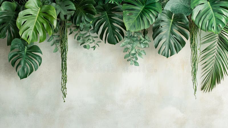 Deep Green Tropical Leaves Hanging Against a Smooth Surface. Stock ...