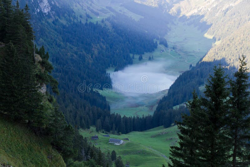 Deep Green Valley with Lake, Switzerland Stock Image - Image of peak ...