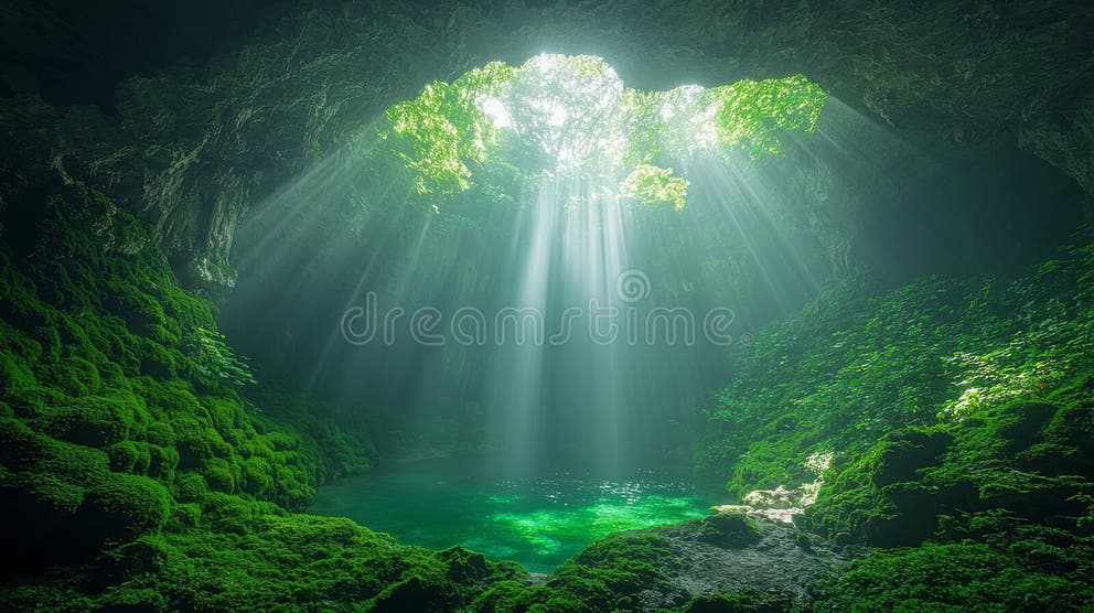 Deep Grotto Carved into Lush Hillside with Light Beams. Generative AI ...