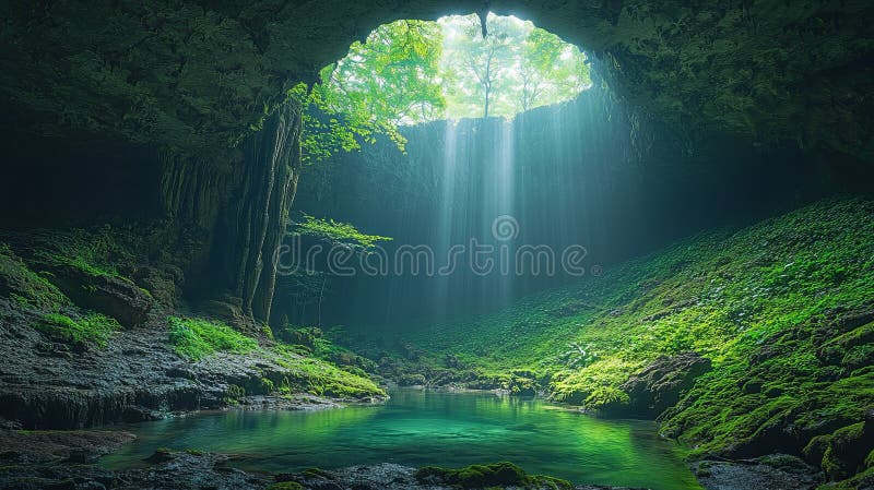 Deep Grotto Carved into Lush Hillside with Light Beams. Generative AI ...