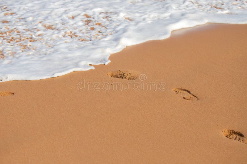 Deep Human Footprints on the Bright Sand on the Seashore Along the ...