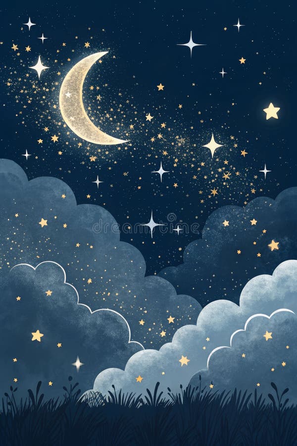 A Deep Navy Background with Glowing Clouds, Twinkling Stars, and a ...