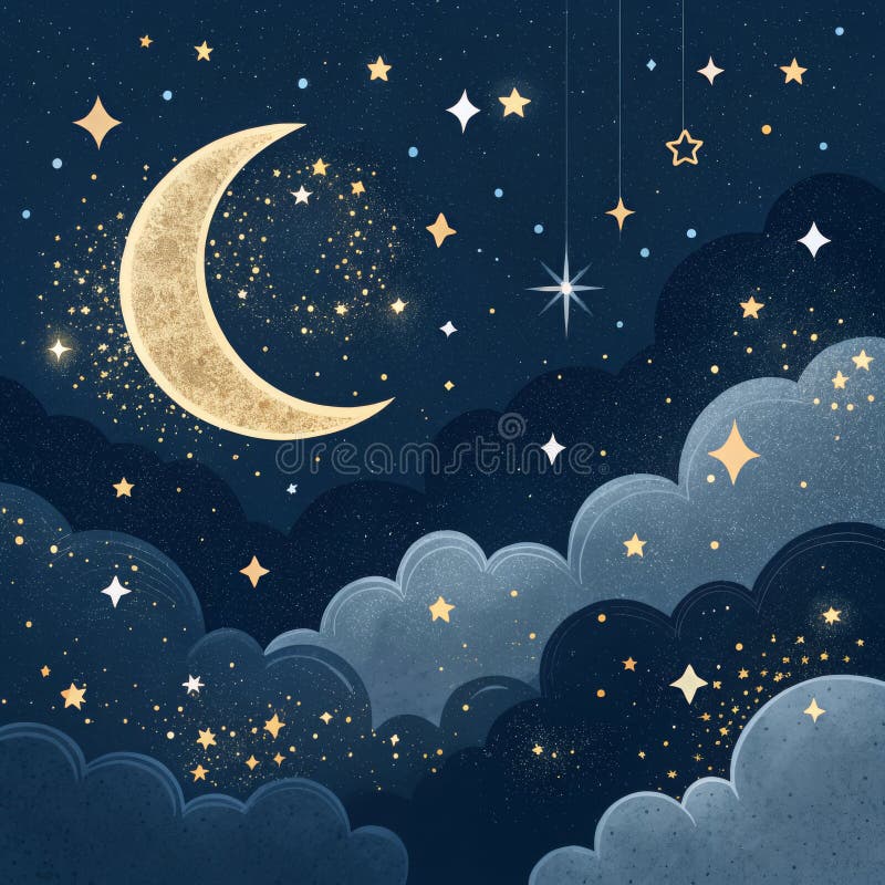 A Deep Navy Background with Glowing Clouds, Twinkling Stars, and a ...