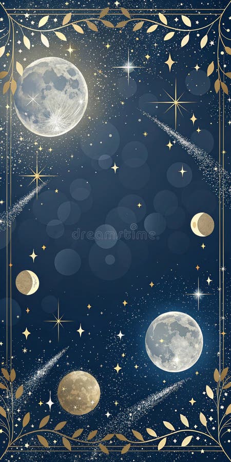 Deep Navy and Shimmering Silver Background with Glowing Constellations, Moon Phases, and ...