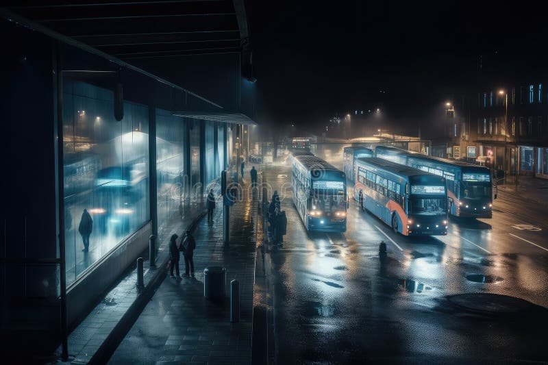 Deep Night, Bus Depot with Buses and Figures in Motion Stock ...