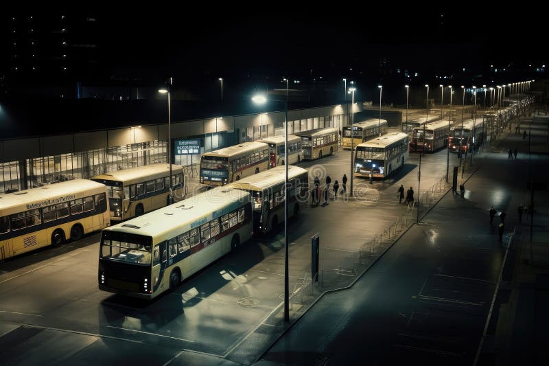 Deep Night, Bus Depot with Buses and Figures in Motion Stock Photo ...