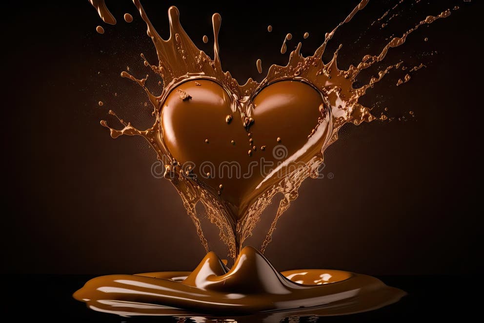 Chocolate Heart with Splashes and Drops on a Black Background Stock ...
