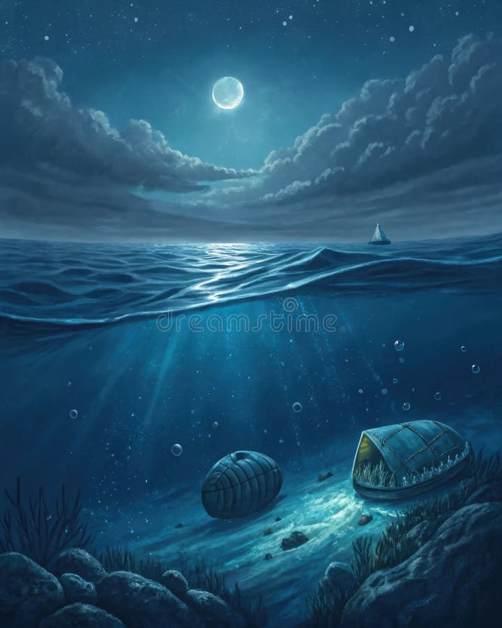 A Deep Ocean Scene with Submerged Objects Partially Visible Under the ...